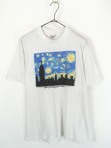 古着 90s USA製 Hillary Vermont 「Starry New Yourk Night」 星月夜 ゴッホ アート パロディー Tシャツ L