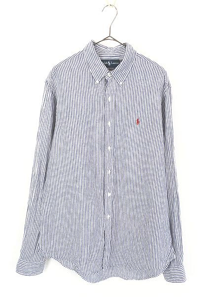 古着 90s Ralph Lauren 「CUSTOM FIT」 ネイビー×ホワイト ストライプ 100% リネン BD シャツ L 古着