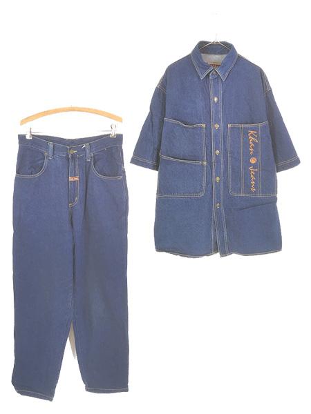 古着 90s USA製 David Khan jeans 半袖 ブルー デニム ボックス シャツ ジャケット & ギミック パンツ セットアップ XL位/30