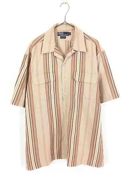 古着 Polo Ralph Lauren マルチ ストライプ コットン リネン 半袖 開襟 ボックス シャツ M 古着