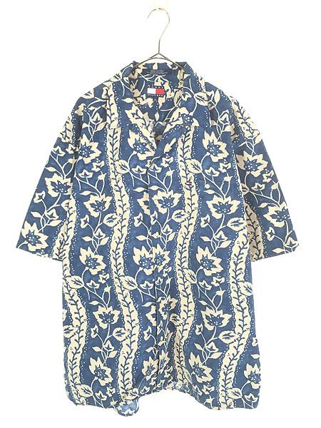 古着 90s  HIFFIGER 抜染 フラワー アート ストライプ コットン リネン 半袖 開襟 ボックス シャツ XL 古着