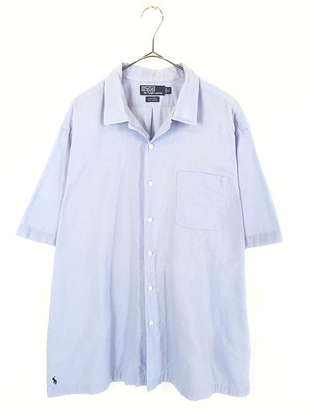 古着 90s Polo Ralph Lauren 「CALDWELL」 裾ポニー ソリッド ガーゼ コットン 半袖 開襟 ボックス シャツ ライトブルー XL 古着