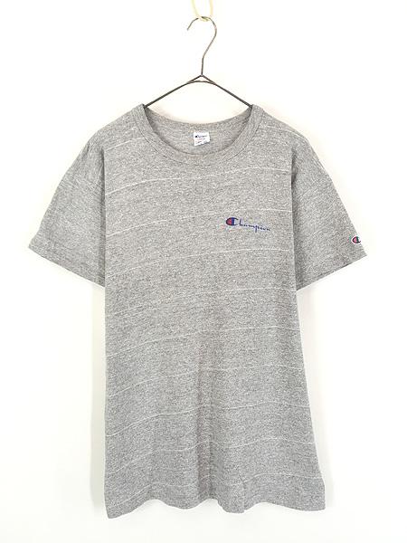 古着 80s USA製 Champion ワンポイント ロゴ ボーダー 霜降り 88/12ボディ Tシャツ L 古着