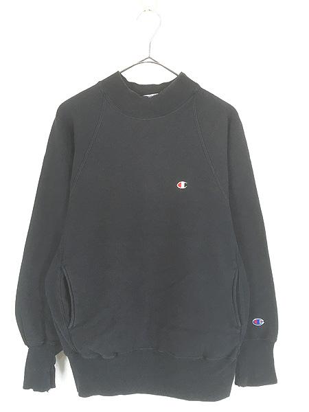古着 90s USA製 Champion Reverse Weave ワンポイント ポケット付 モックネック リバース スウェット トレーナー 黒 M 古着