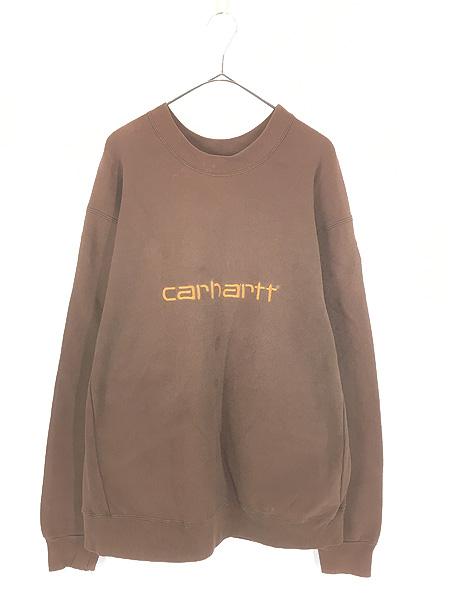 古着 80s- Carhartt BIG ロゴ 刺しゅう リバース タイプ スウェット トレーナー ブラウン XL位 古着
