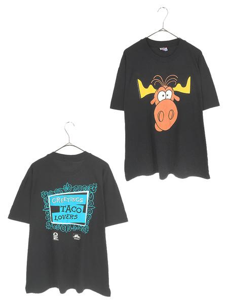 古着 90s TACO BELL タコベル ファストフード ショップ ロッキー ＆ ブルウィンクル トナカイ 両面 Tシャツ L 古着