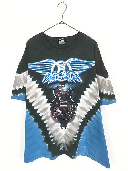 古着 00s AERO SMITH ロゴ & ギター ハード ロック バンド タイダイ Tシャツ XL
