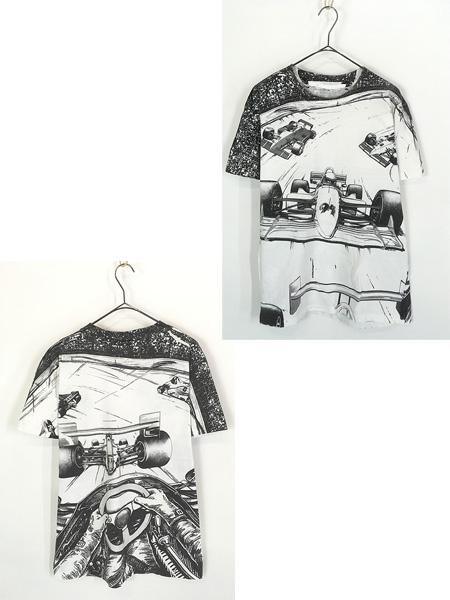 古着 90s F-1 レーシング モノクロ アート オールオーバー Tシャツ L位 古着