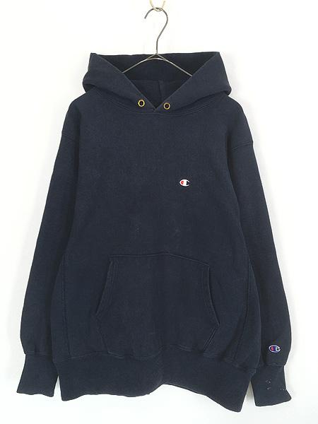古着 90s USA製 Champion Reverse Weave ワンポイント 刺しゅう リバース スウェット パーカー ネイビー L 古着