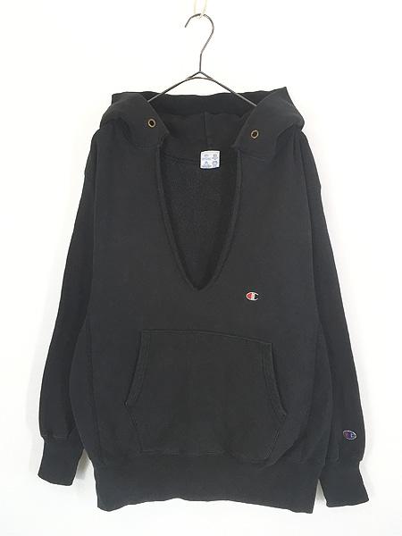 古着 90s USA製 Champion Reverse Weave ワンポイント カットオフ リバース スウェット パーカー ブラック L 古着