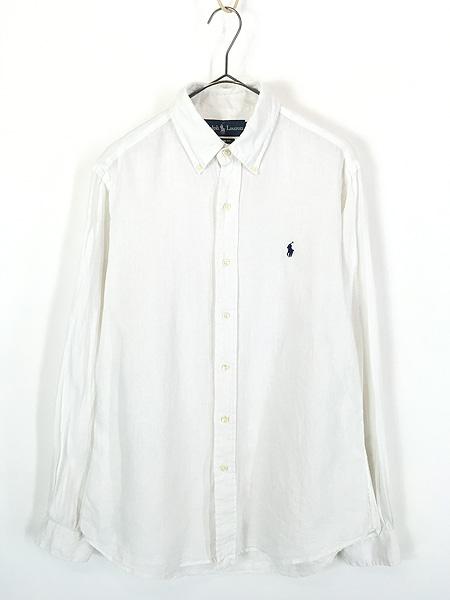 古着 90s Ralph Lauren 「CUSTOM FIT」 ワンポイント ソリッド 100% リネン BD シャツ ホワイト M 古着