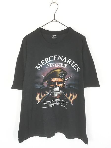 古着 80s USA製 「Mercenaries Never Die」 スカル ファイヤー ミリタリー Tシャツ XL