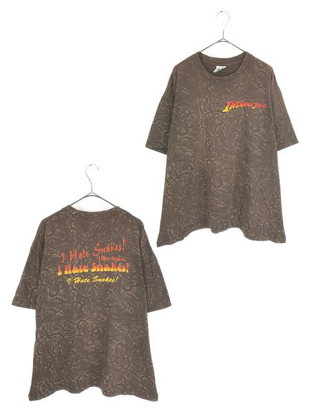 古着 90s USA製 Indiana Jones 「I Hate Snakes!」 ヘビ スネーク 総柄 映画 ムービー Tシャツ XL