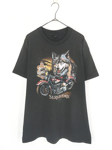 古着 80s 3D EMBLEM HARLEY DAVIDSON オオカミ ウルフ バイク グラフィック Tシャツ XL 古着
