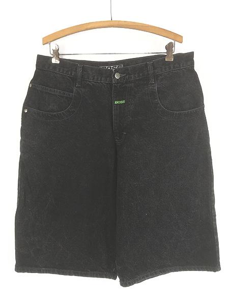 古着 90s BOSS BIGポケット スーパー ブラック デニム ワイド ショーツ ハーフ パンツ ジーンズ W35