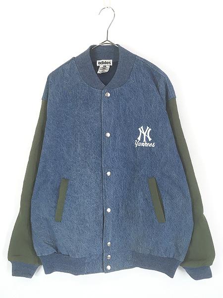 古着 90s adidas MLB New York Yankees ヤンキース スウェット × デニム スタジャン ジャケット L 古着