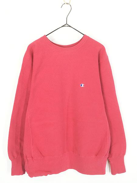 古着 90s USA製 Champion Reverse Weave 青目 ワンポイント リバース スウェット ピンク L 古着