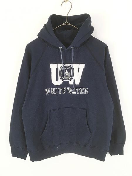 レディース 古着 80s USA製 Champion Wisconsin 「WHITE WATER」 カレッジ フロッキー プリント スウェット パーカー M