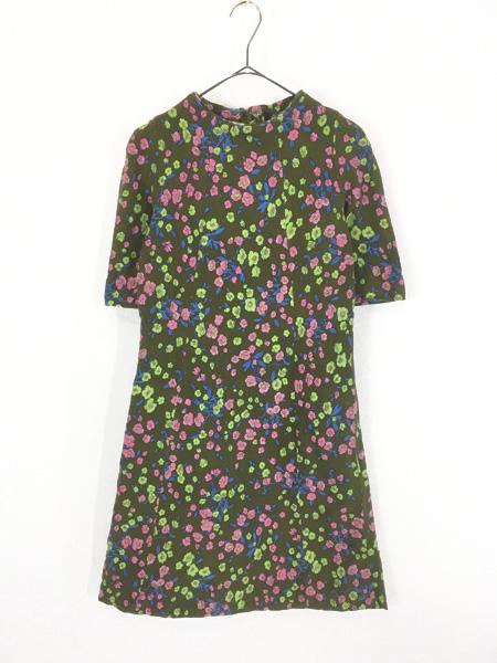 レディース 古着 70s 花 フラワー 総柄 モックネック 半袖 コットン ワンピース ひざ丈 M位