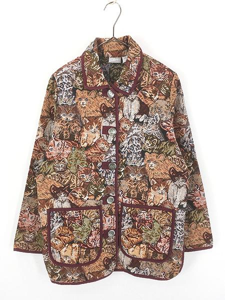 レディース 古着 BLAIR 猫 ねこちゃん アニマル デザイン パイピング デザイン ゴブラン ジャケット S