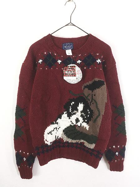 レディース 古着 Deadstock!! 80s WoolRich 犬 アニマル ブーツ ウール ハンド ニット セーター M