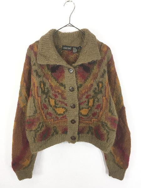 レディース 古着 90s JEANNE PIERRE オリエンタル 模様 モヘア ニット カーディガン S