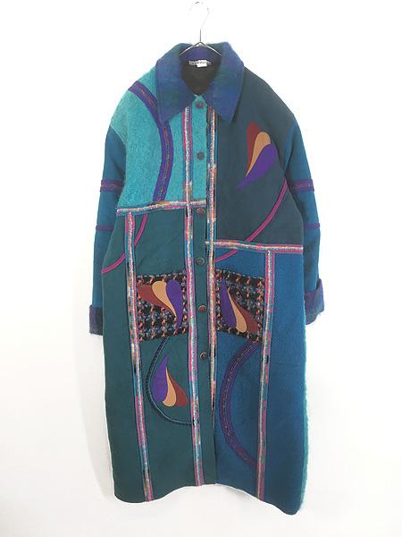 レディース 古着 90s COLORATURA 異素材 パッチワーク アップリケ デザイン ウール モヘア コート L/XL
