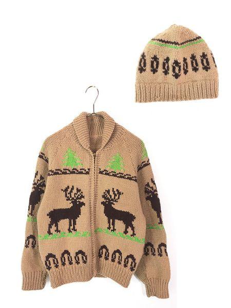 レディース 古着 70s 希少 ニット帽付き トナカイ ツリー 総柄 ヘビー ウール カウチン ニット ジャケット L位 古着