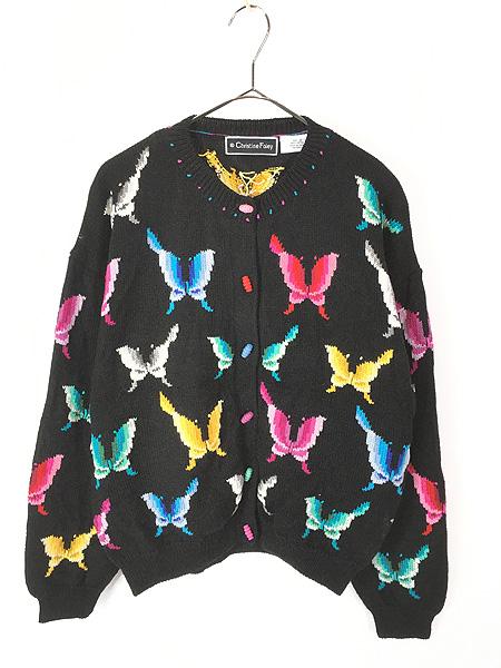 レディース 古着 90s Christine Foley カラフル 蝶々 バタフライ 総柄 コットン ニット カーディガン L位 古着
