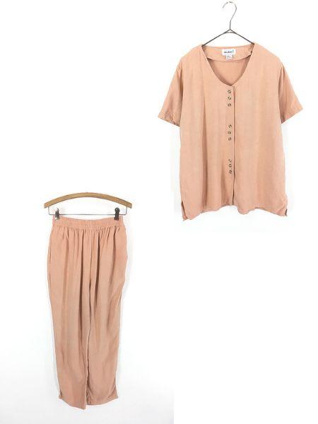 レディース 古着 Jcekl waynes  シンプル ナチュラル 100％シルク 半袖 シャツ×パンツ セットアップ M 古着