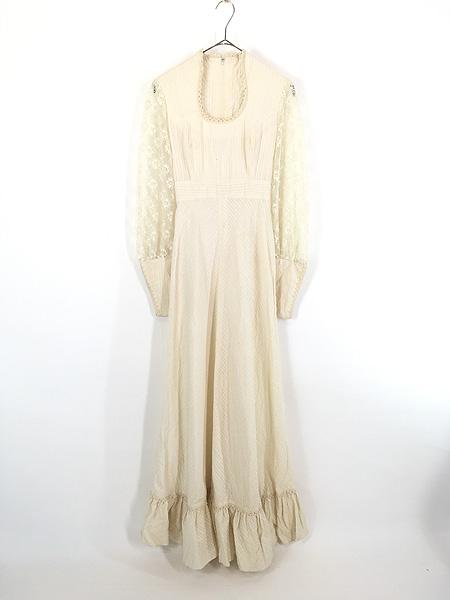 レディース 古着 60-70s ガーリー ストライプ アーム 総レース 長袖 ワンピース ドレス マキシ丈 XL位 古着