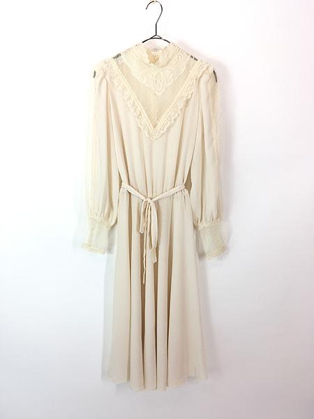 レディース 古着 70s USA製 レース パール ガーリー シアー シフォン 長袖 ワンピース ロング丈 M位 古着