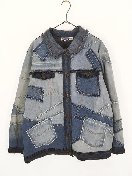 レディース 古着 90s DG2 フリンジ カットオフ パッチワーク デニム ジャケット XL 古着