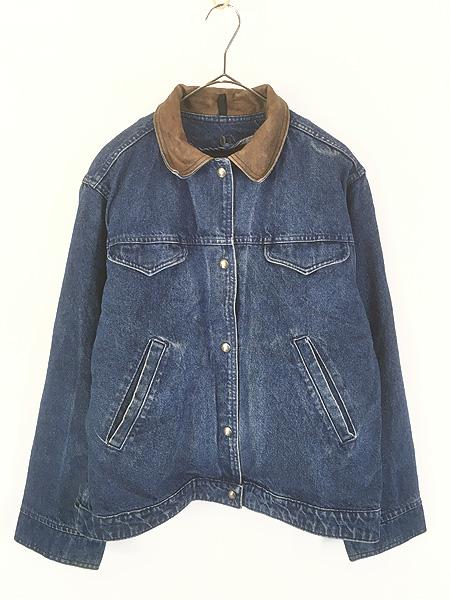 レディース 古着 90s USA製 WoolRich ブランケット ライナー 襟 本革 レザー デニム ジャケット Gジャン M