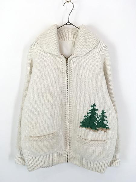 レディース 古着 60s モミの木 犬ぞり ショールカラー ローゲージ ウール ニット カウチン カーディガン ジャケット L位