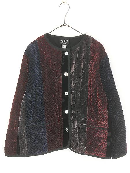 レディース 古着 00s KOOS 光沢 シェブロン ストライプ ドット 総柄 キルティング ベロア ジャケット S