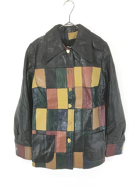レディース 古着 70s カラフル 本革 レザー パッチワーク シャツ ジャケット L位