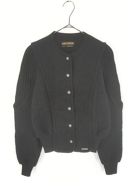 レディース 古着 80s Austria製  ボイルド ウール × トリニティ ステッチ ニット ヴィクトリアン ジャケット 黒 M位