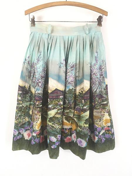 レディース 古着 50s 古民家 山 花 和柄 アート 総柄 コットン フレア スカート ひざ丈 M位