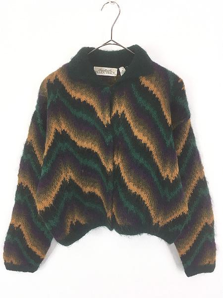 レディース 古着 90s ELLEN TRACY シェブロン モヘア ウール 襟付き ニット カーディガン ジャケット M