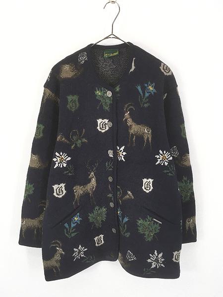 レディース 古着 80s Austria製  花 フラワー 鹿 ヤギ ノーカラー ニット カーディガン 40 L位