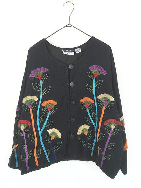 レディース 古着 90s SARA 花 ボタニカル チェーンステッチ ノーカラー リネン コットン ジャケット XL