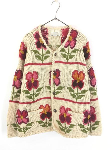 レディース 古着 90s EXPRESS TRICOT 花 フラワー ヘビー ウール ハンドニット カーディガン M/L
