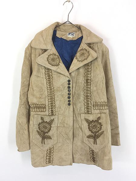 レディース 古着 70s Mexico製 花 フラワー ネイティブ 焼印 本革 スエード レザー ジャケット 40 M位