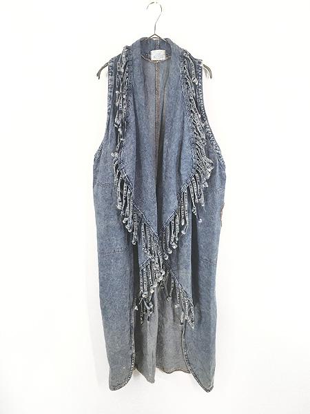 レディース 古着 80s USA製 Simply Barbara フリンジ ブルー デニム ジレ ベスト コート L位