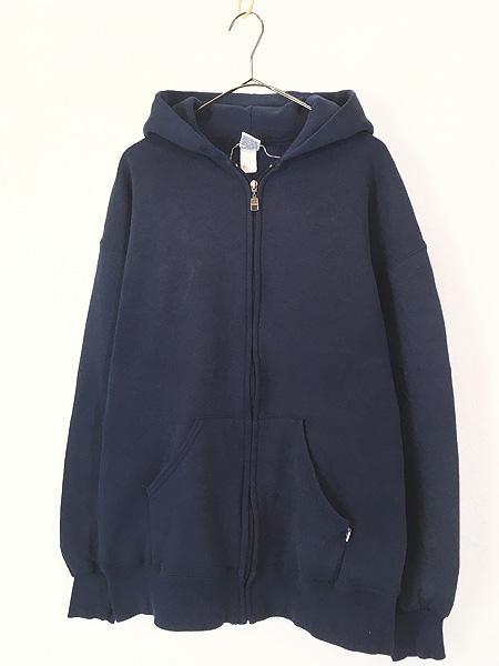 古着 90s Russell 無地 ソリッド セットイン スウェット ジップ パーカー ネイビー L