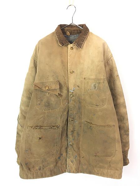 古着 60-70s Carhartt 裏地 ボーダー ブランケット ブラウン ダック ミシガンチョア カバーオール ジャケット 46L 古着