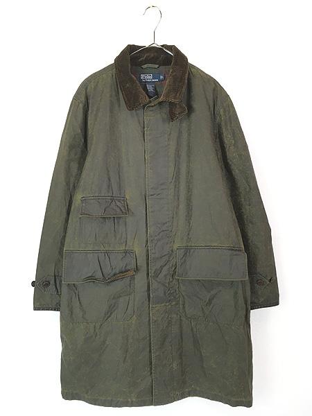 古着 Polo Ralph Lauren 襟 コーデュロイ オイルド ワックス ワーク ステンカラー コート オリーブ L 古着