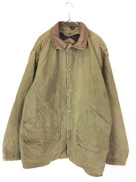 古着 90s USA製 WoolRich 本革 レザー襟 オリーブ ダック ハンティング カバーオール ジャケット ライナー完備 XL