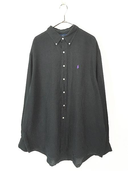 古着 90s Ralph Lauren 「BLAKE」 ワンポイント ソリッド 100% リネン BD シャツ 黒 XL 古着